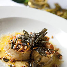 Caramelised butternut and goat's cheese rotolo, crisp sage, pine nuts ...