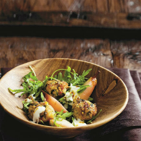 Pickled pear salad with smoked snoek fish cakes | Woolworths.co.za