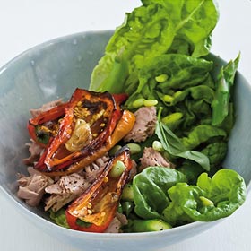 Spring tuna green salad with garlicky blackened baby pepper ...
