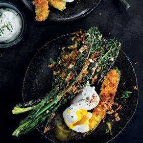Panko-crumbed baby marrow and kale with poached eggs and yoghurt ...