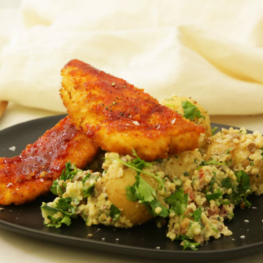 Buffalo chicken schnitzels with warm potato salad | Woolworths.co.za