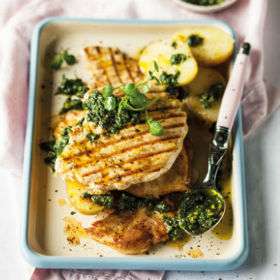 Pan-grilled smashed chicken fillets with green herb sauce | Woolworths ...
